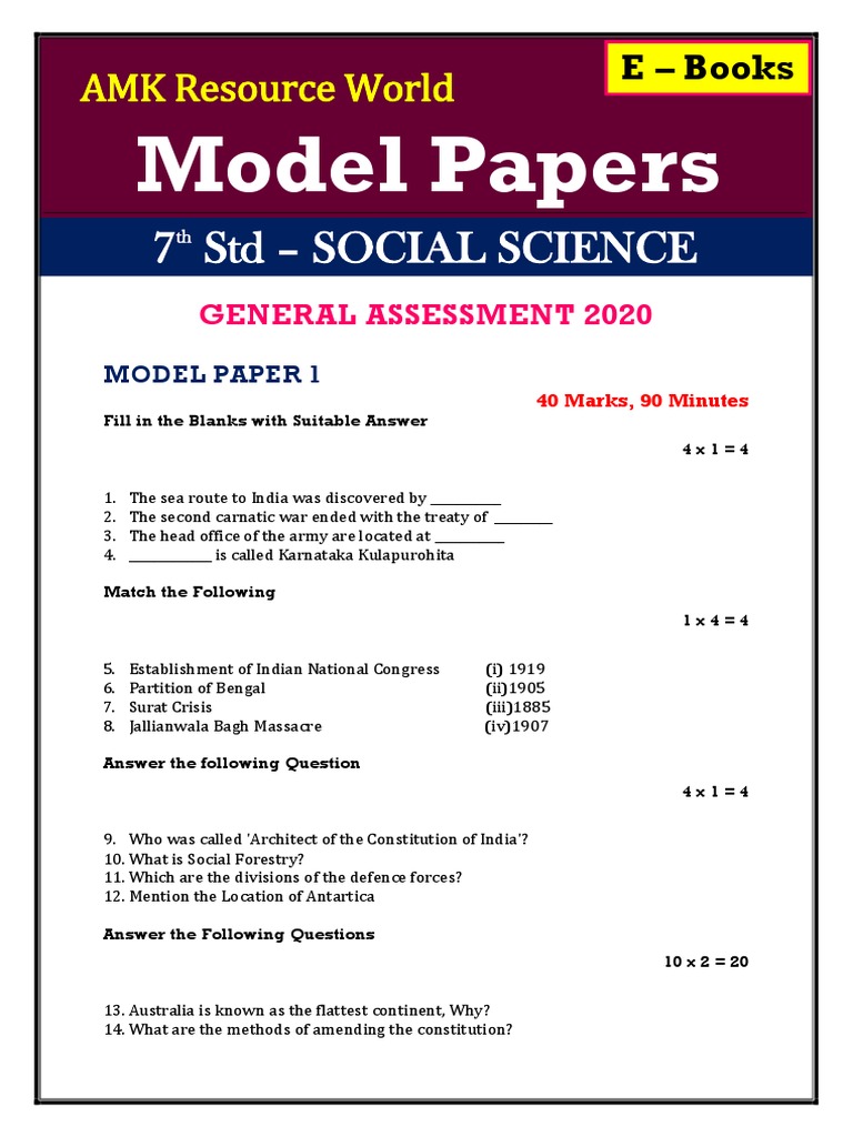 7th Std Social Science Model Papers | PDF | Indian Independence ...