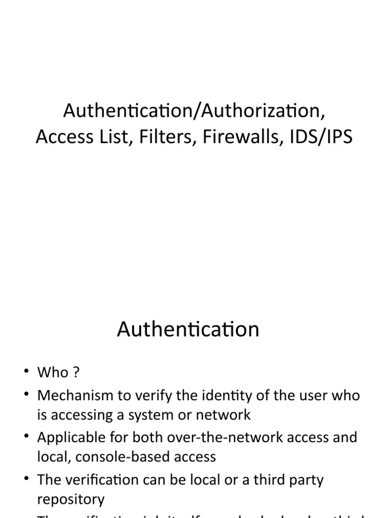 Authentication/Authorization, Access List, Filters, Firewalls, IDS/IPS | PDF | Firewall ...