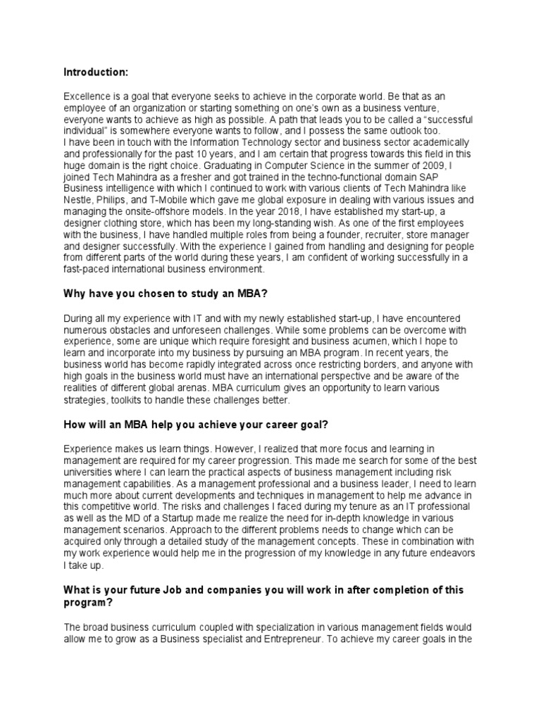 Sample SOP MBA Format | PDF | Master Of Business Administration ...