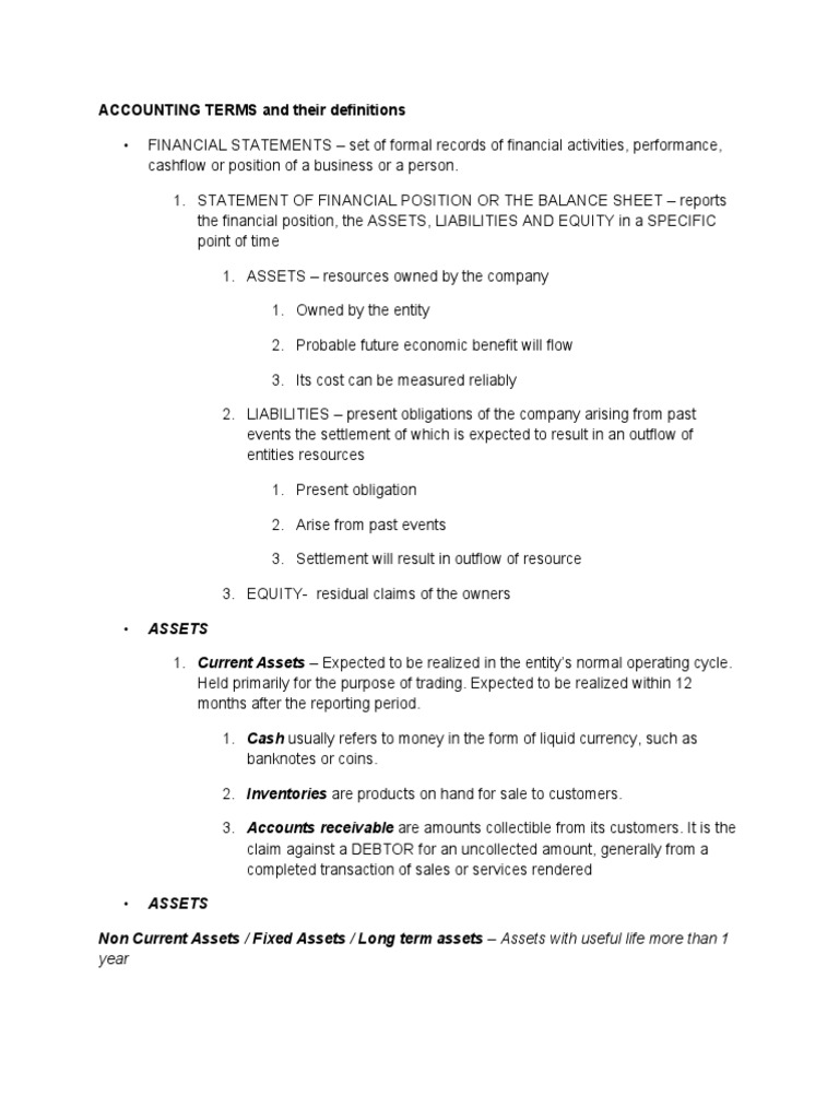 ACCOUNTING TERMS and Their Definitions: Assets | PDF | Debits And ...