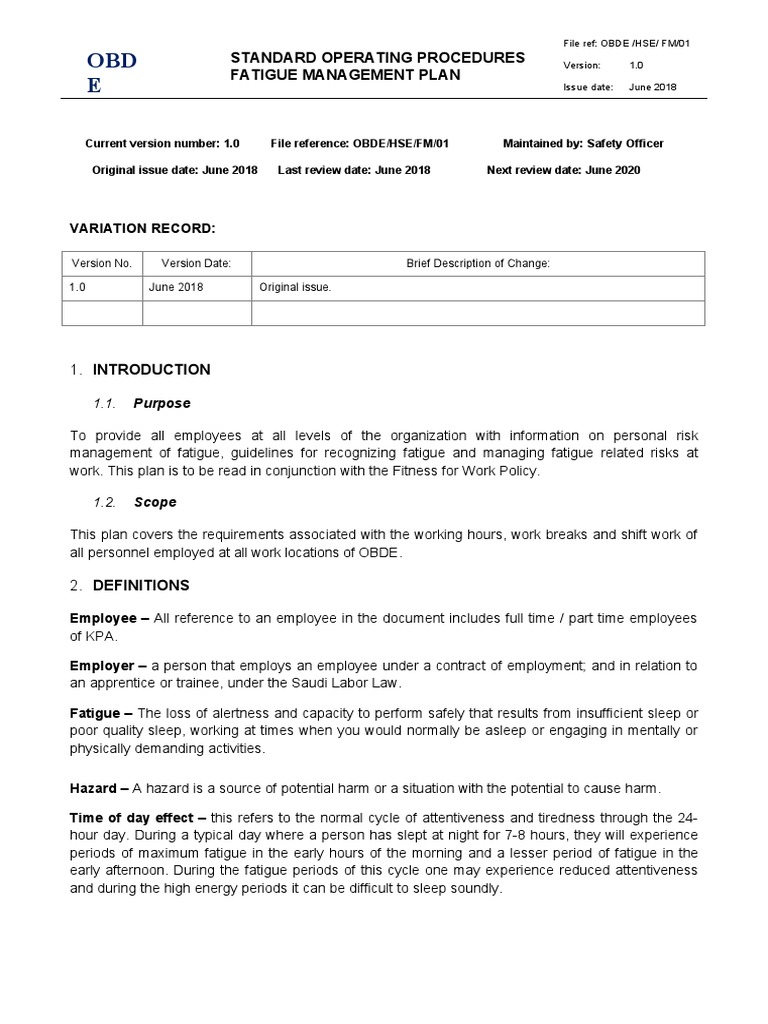 Fatigue-Management-SOP - OBDE-V1 June 2018 | PDF | Shift Work | Employment