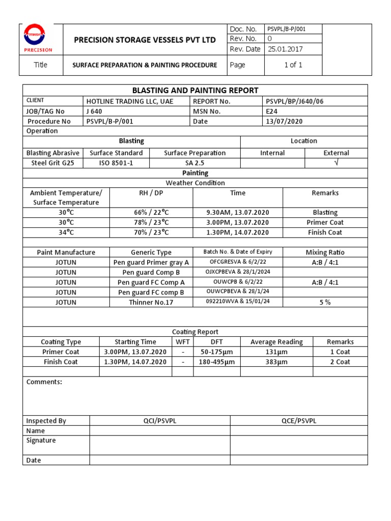 Blasting & Painting Report - Format | PDF | Business Process | Conservation And Restoration