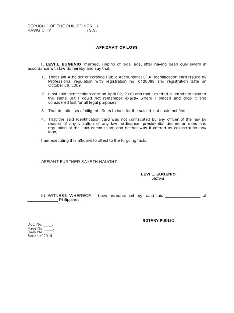 Affidavit For Loss PRC