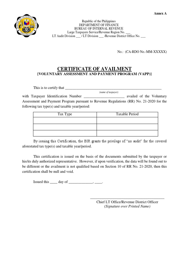 Annex A - Certificate of Availment | PDF