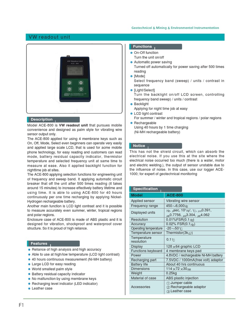ACE-800 VW Readout Unit Overview | PDF | Backlight | Rechargeable Battery