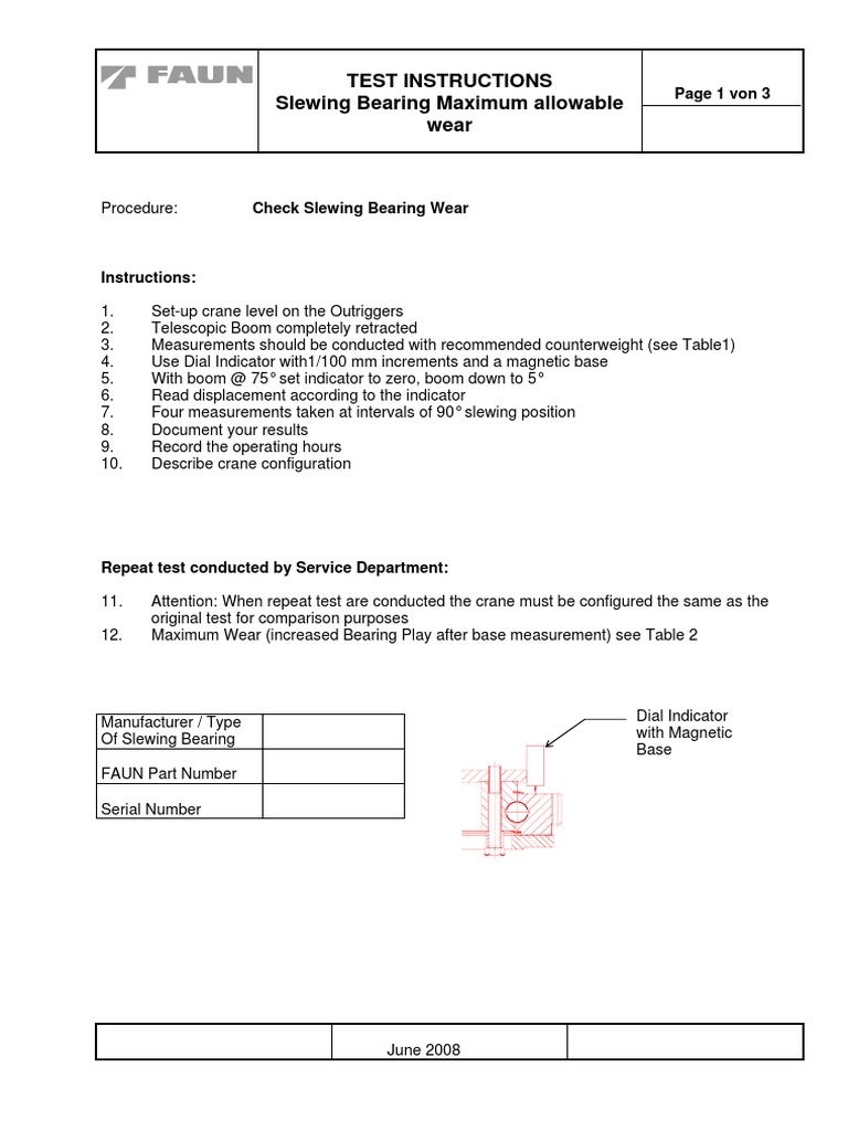 Test Instructions Slewing Bearing Maximum Allowable Wear: Page 1 Von 3 ...