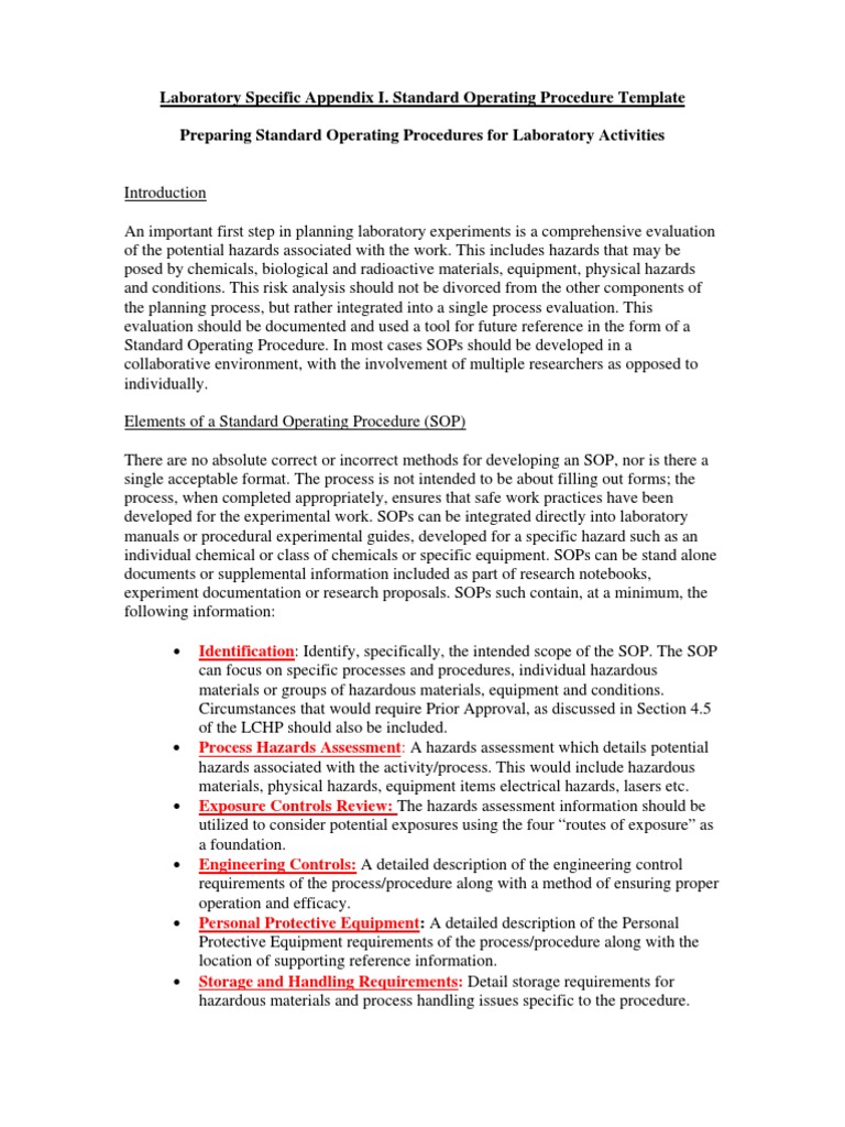 Laboratory Specific Appendix I - SOP Template | PDF | Laboratories ...