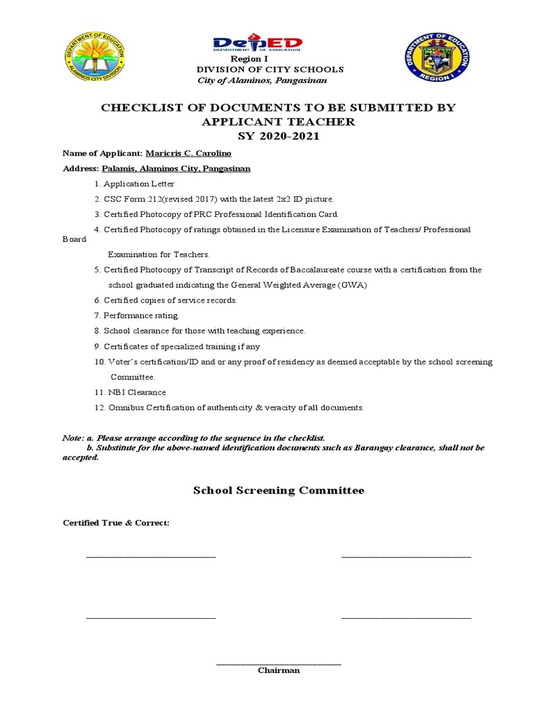 Checklist of Documents To Be Submitted by Applicant Teacher SY 2020 ...