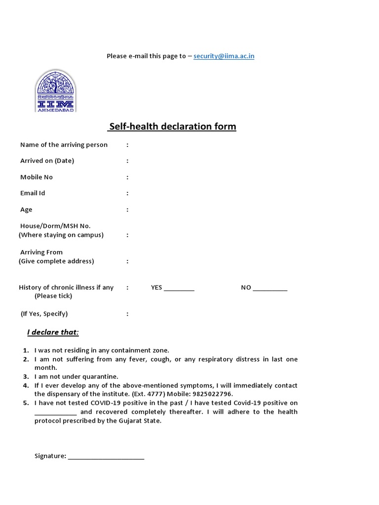Self-Health Declaration Form: Security@iima - Ac.in | PDF