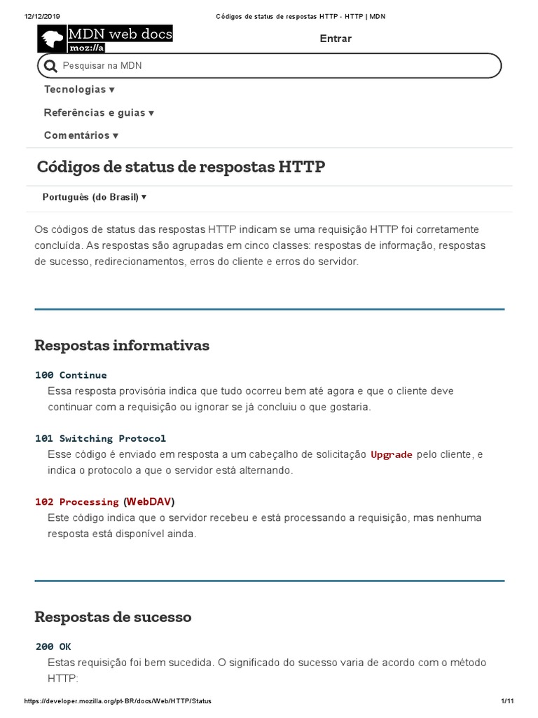 Códigos de Status de Respostas HTTP - HTTP - MDN | PDF | Protocolo de ...