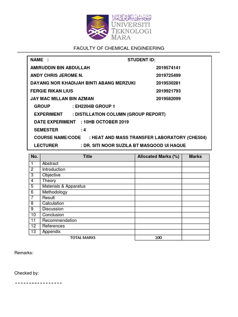 CHE504 Lab Report Distillation Column Group 1 | PDF | Distillation ...