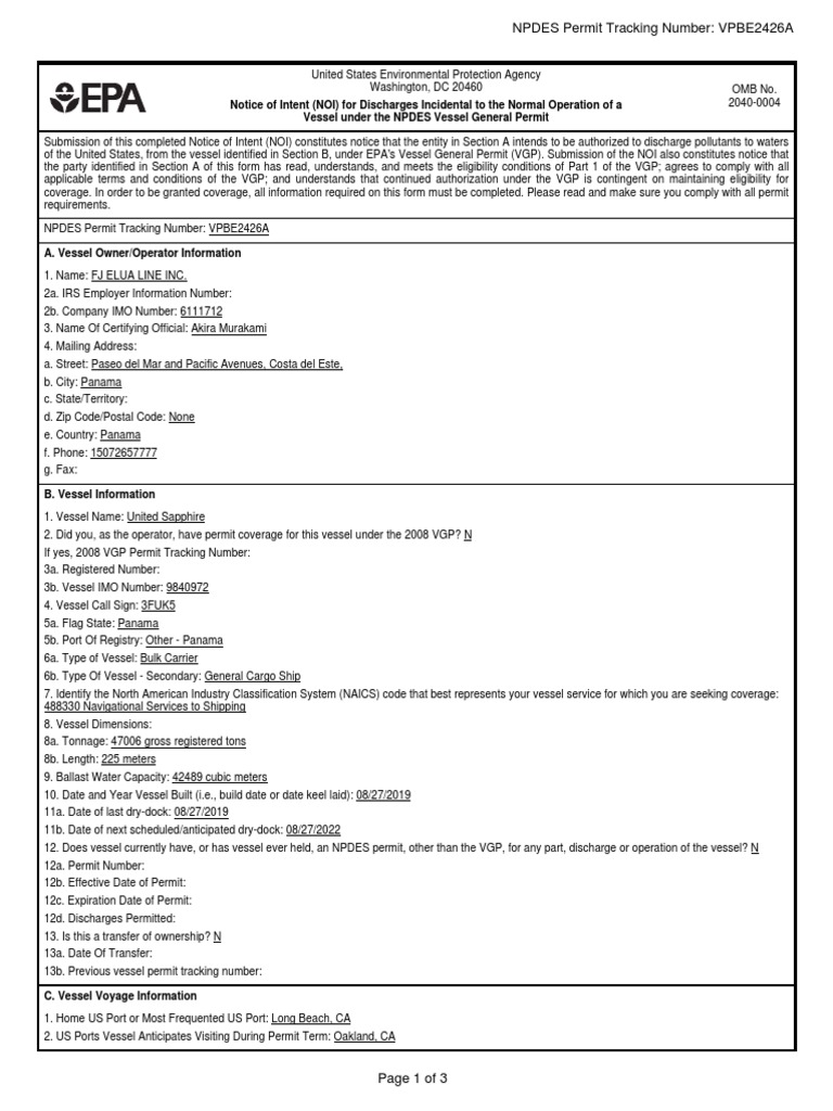 Notice of Intent (NOI) For Discharges Incidental To The Normal ...