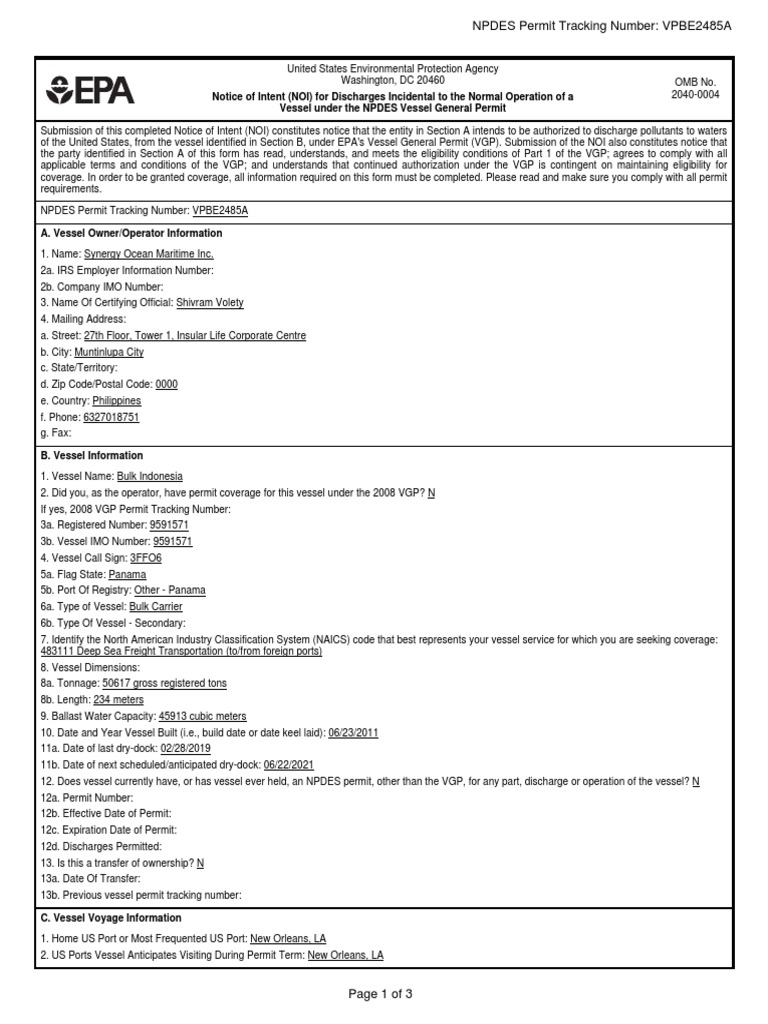 Application for Coverage Under the NPDES Vessel General Permit for the ...