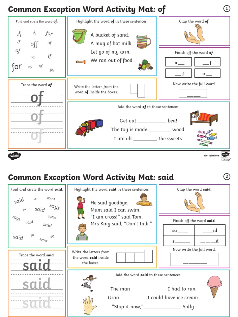 T L 526784 Year 1 Common Exception Word Activity Mat 2 Resource Pack ...