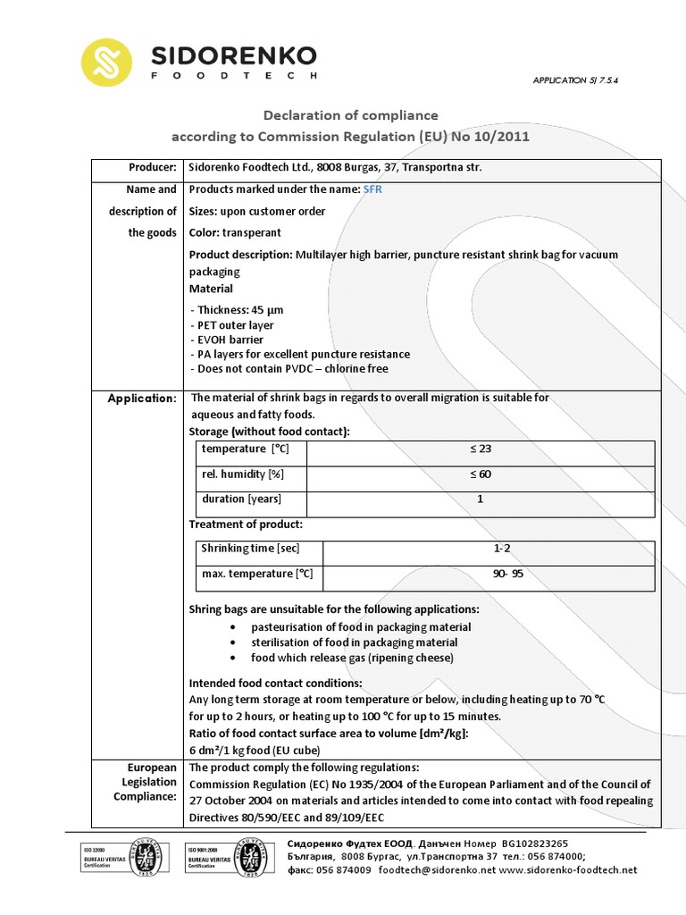 Declaration of Compliance SFR-2016 | PDF | Packaging And Labeling | Directive (European Union)