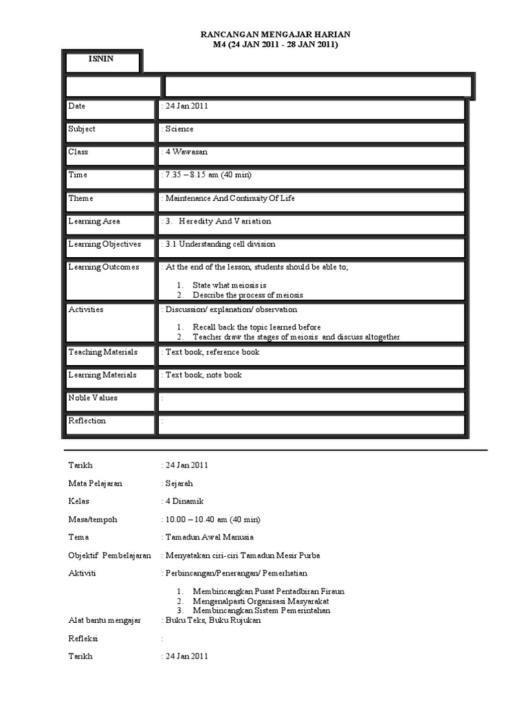 Rancangan Mengajar Harian M4 (24 JAN 2011 - 28 JAN 2011) Isnin | PDF | Heredity | Gene