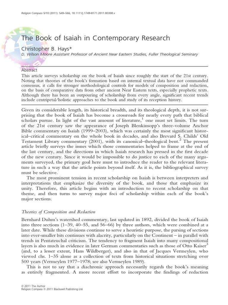 The Book of Isaiah in Contemporary Research: Christopher B. Hays | PDF ...
