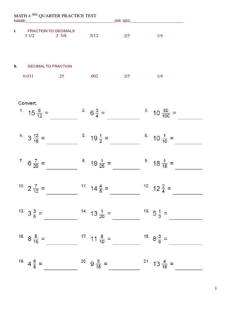 Fraction Practice Test | PDF
