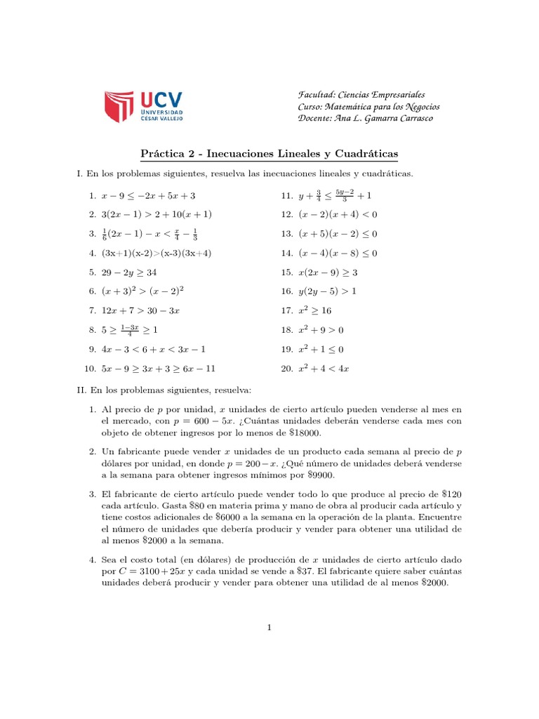 Práctica 2 Inecuaciones Lineales y Cuadráticas | PDF | Precios | Business