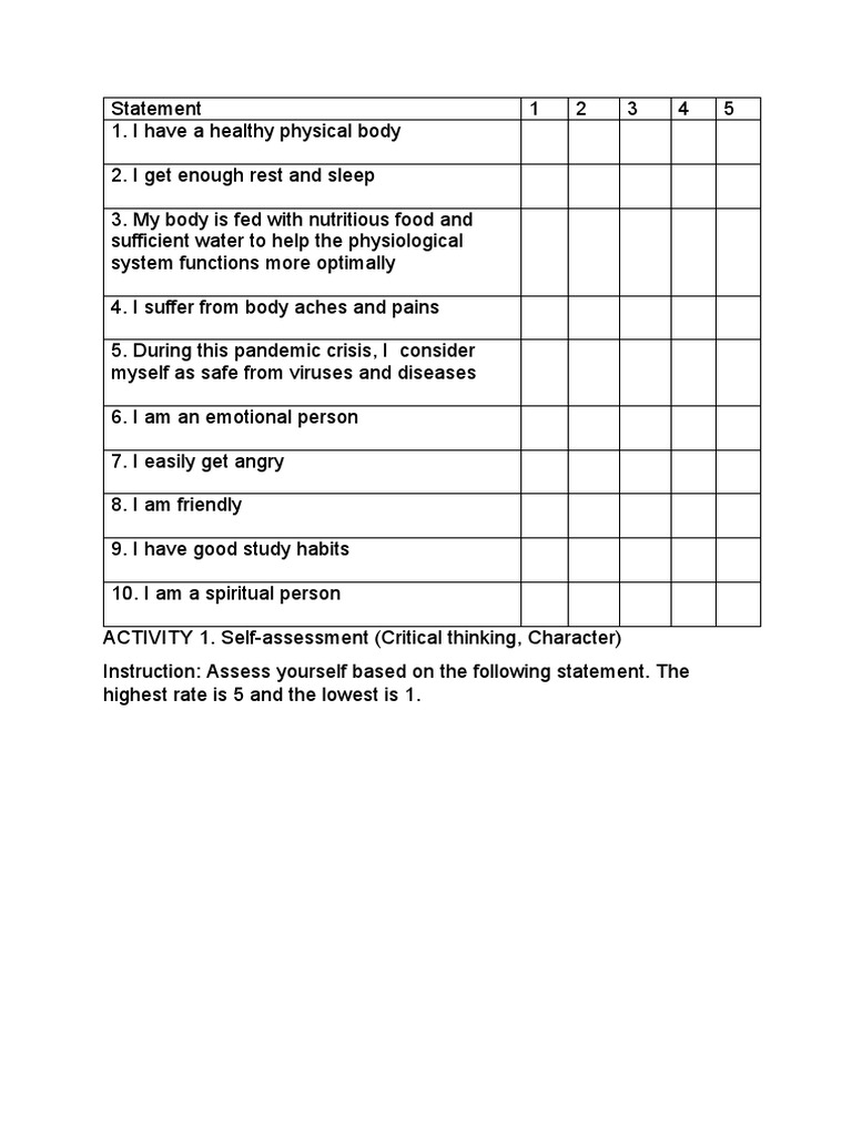 Grade 4 Self-Assessment Activity | PDF