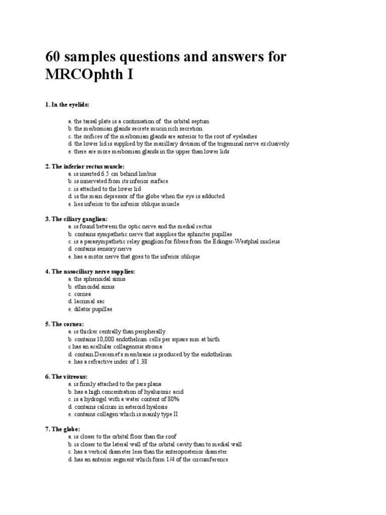 60 Samples Questions and Answers For MRCOphth I | PDF | Coagulation ...