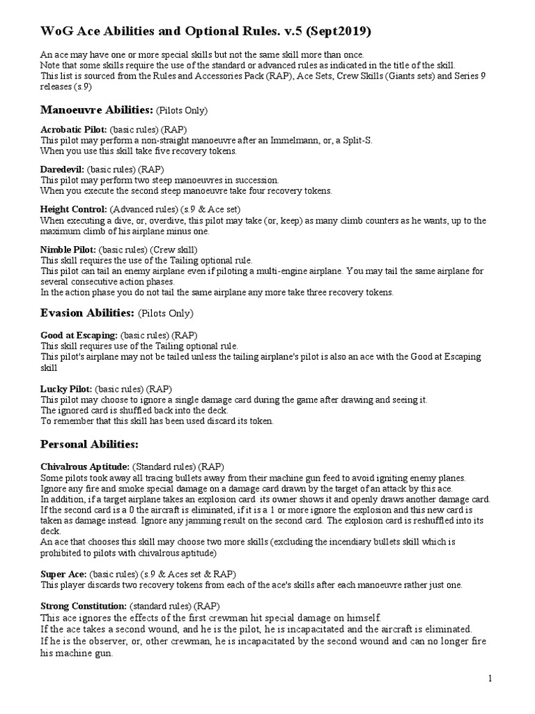 WoG Ace Abilities and Optional Rules v5 | PDF | Machine Gun | Airplane