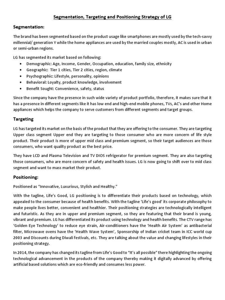 ITM - LG Segmentation and Positioning Strategy | PDF | Target Audience ...