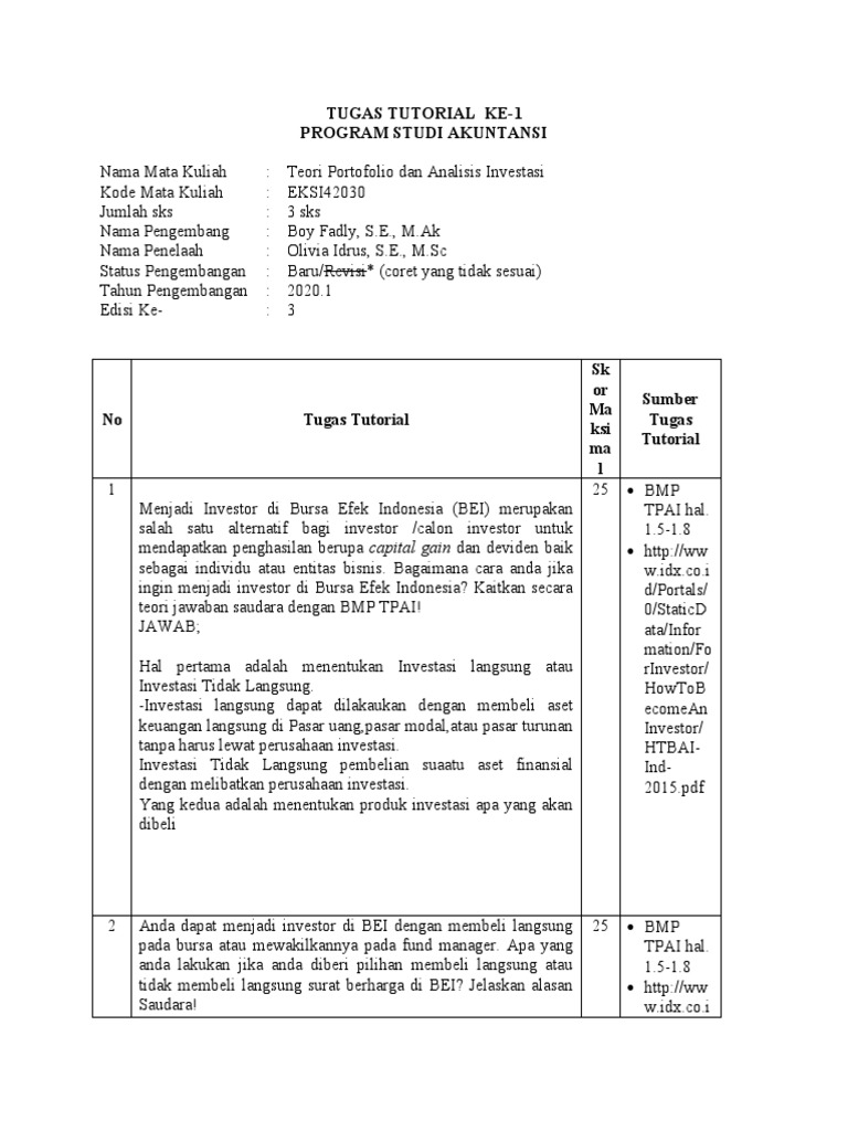 Tugas 1 Teori Portofolio Dan Analisis Investasi | PDF