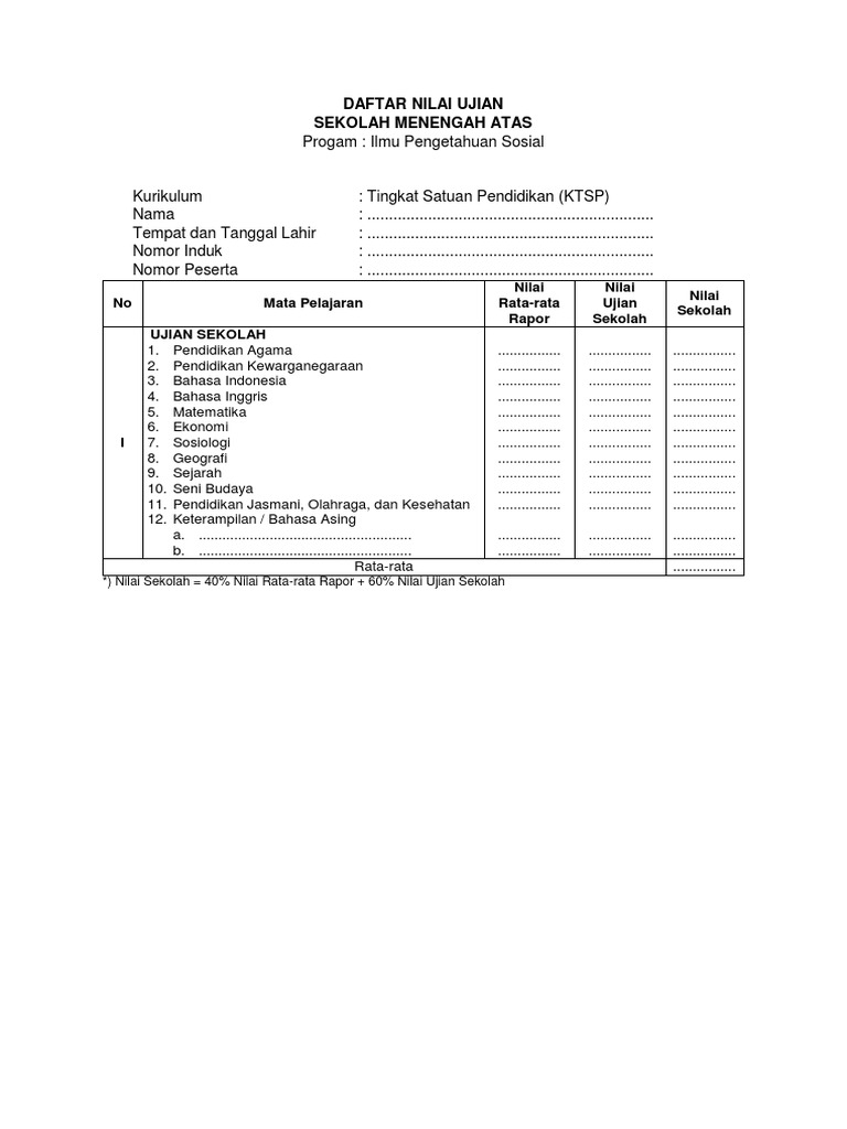 Daftar Nilai Sma 2012 | PDF
