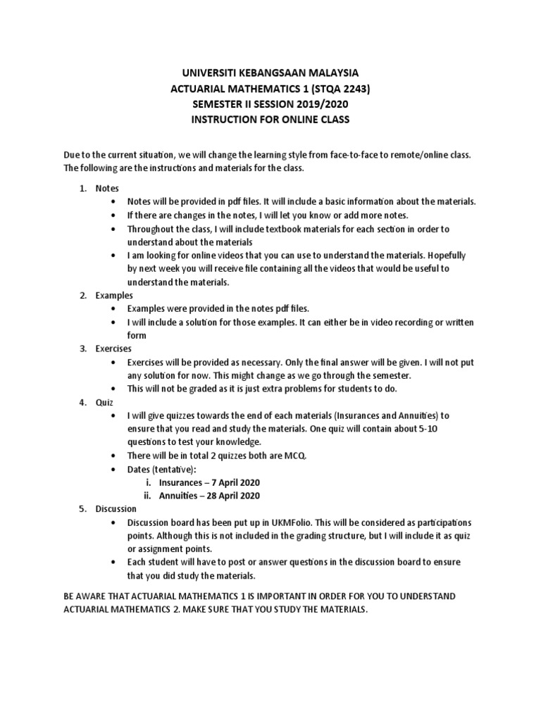 Universiti Kebangsaan Malaysia Actuarial Mathematics 1 (Stqa 2243) Semester Ii Session 2019/2020 ...