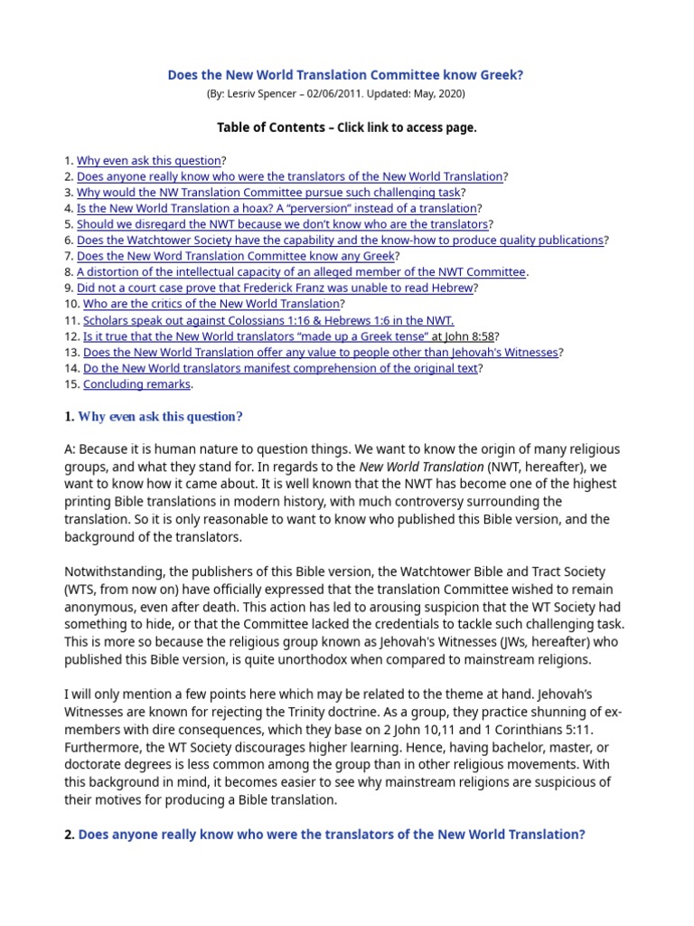 Does The New World Translation Committee Know Greek? | PDF | Koine ...
