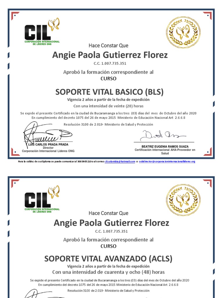 Certificados Angie Paola Gutierrez Florez (BLS, Acls + Adicionales) PDF | PDF | Cuidado de la ...