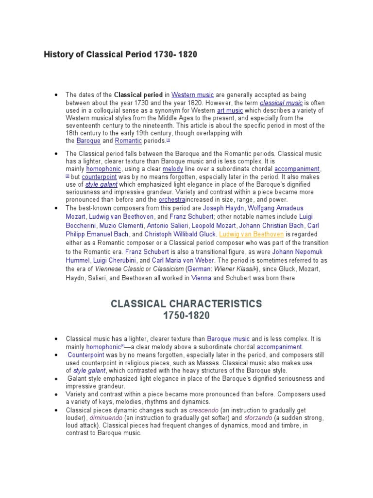 History of Classical Period 1730-1820 | PDF | Classical Period (Music ...