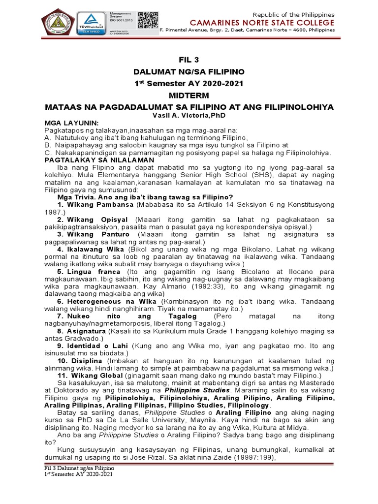 Midterm Aralin DALUMATFIL | PDF