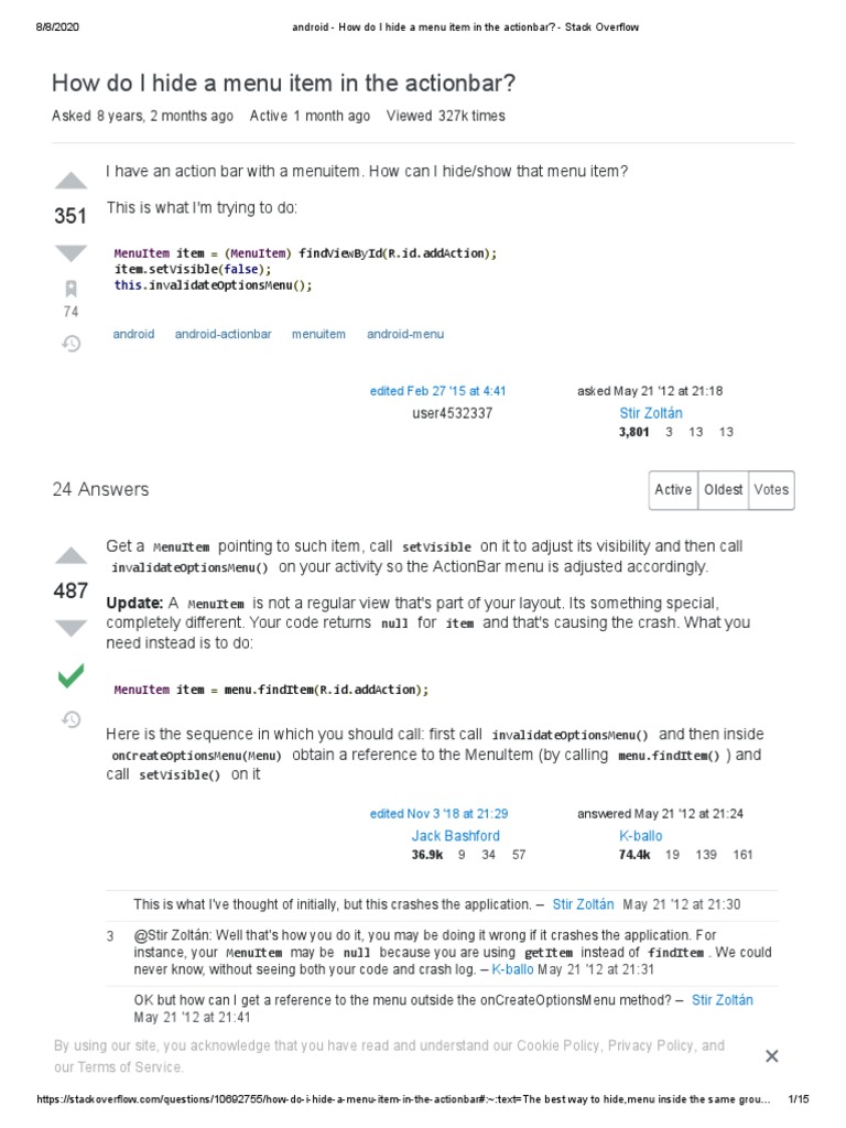 Android How Do I Hide A Menu Item In The Actionbar Stack Overflow Pdf Boolean Data Type