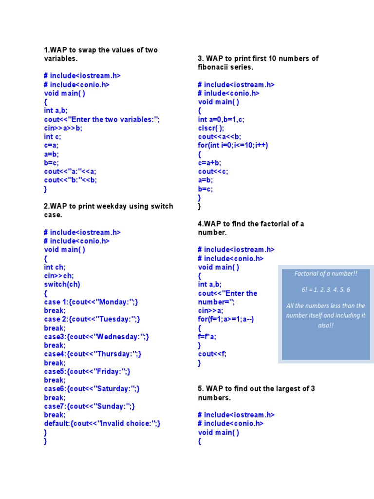 1.WAP To Swap The Values of Two Variables. 3. WAP To Print First 10 ...