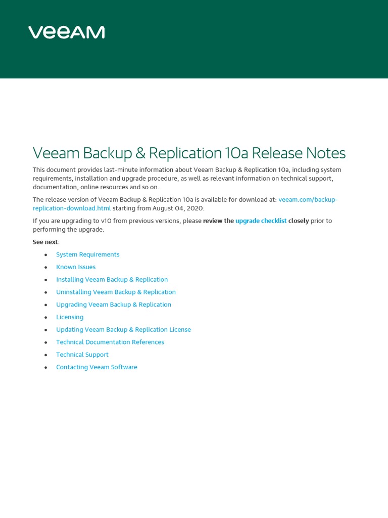 Veeam Backup & Replication 10a Release Notes: Upgrade Checklist | PDF ... Veeam Backup & Replication 10a Release Notes: Upgrade Checklist | PDF ...