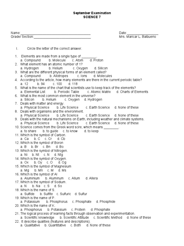 Science 7 Exam | PDF | Chemical Elements | Molecules