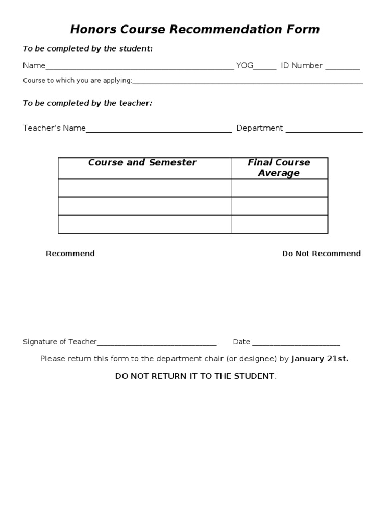 Teacher Recommendation Form | PDF