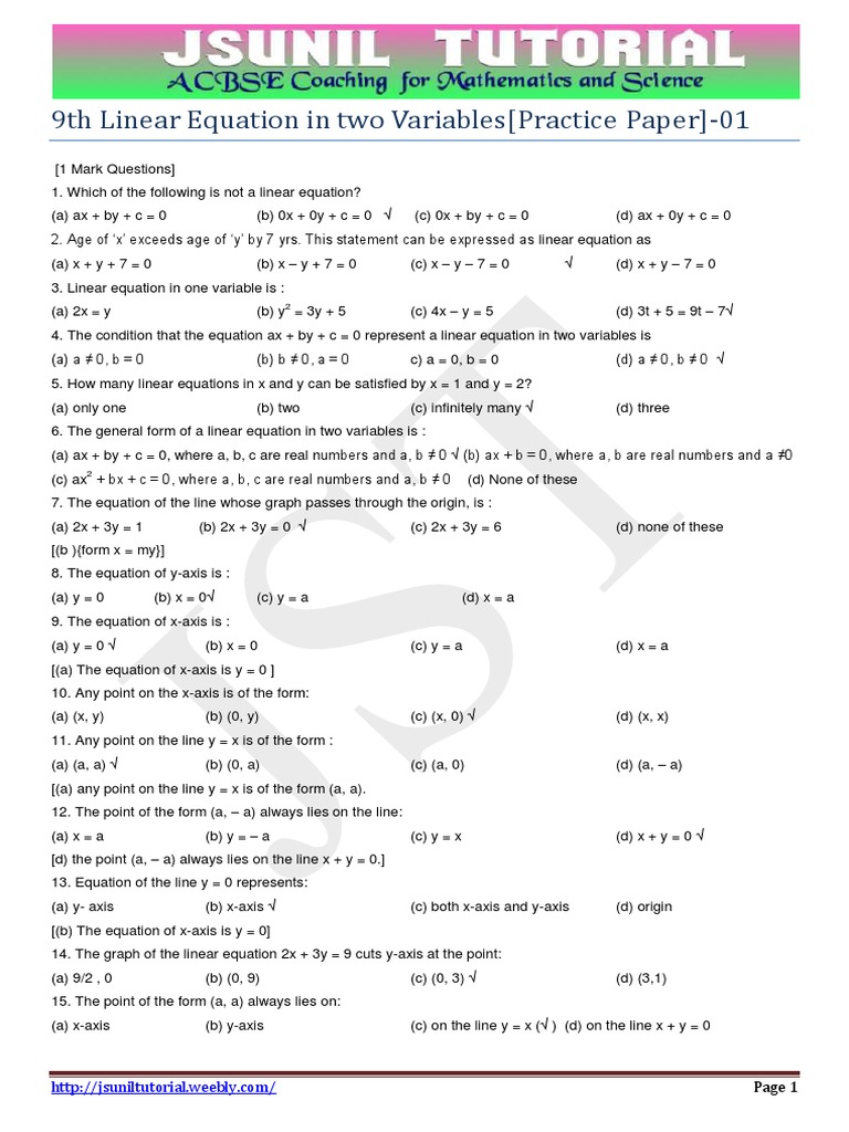 9th Linear Equation in Two Variables (Practice Paper) - 01 | PDF ...
