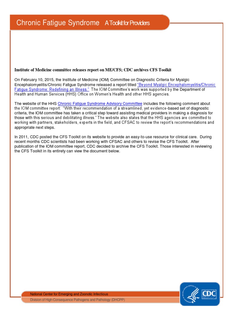 Chronic Fatigue Syndrome: - A Toolkit For Providers | PDF | Chronic ...