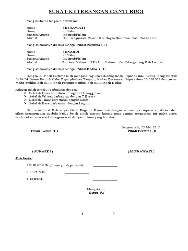 Surat Perjanjian Ganti Rugi | PDF