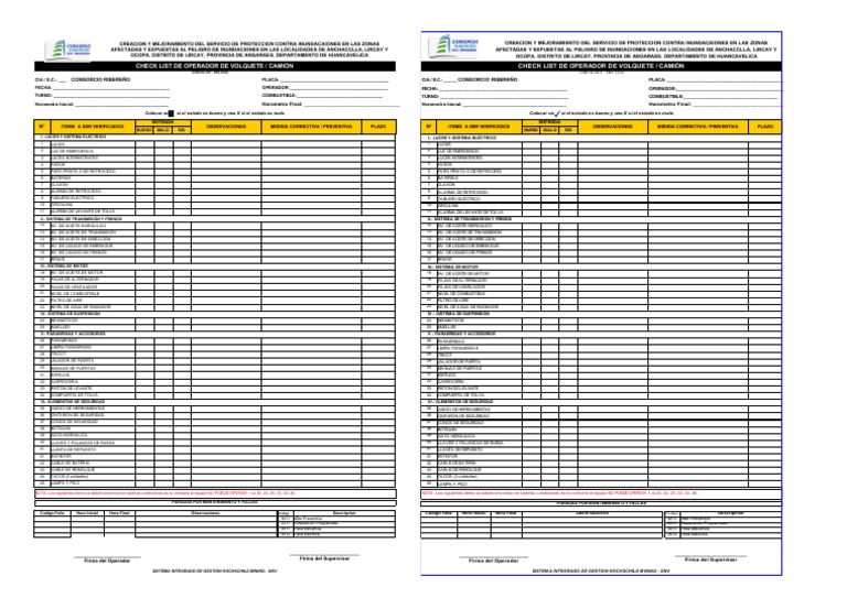 Check List Pre Uso Volquete Camión | PDF | Vehículos de ruedas | Coche