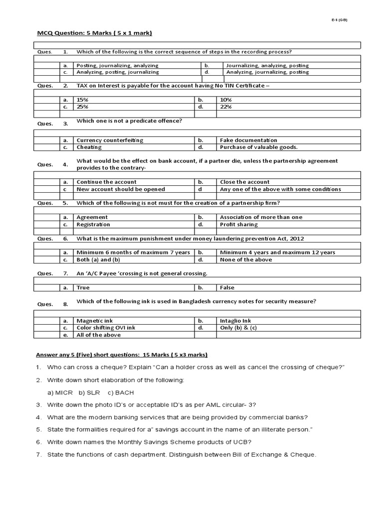 MCQ Question: 5 Marks (5 X 1 Mark) : Answer Any 5 (Five) Short ...