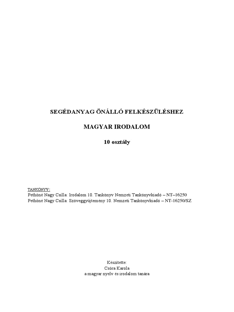 Irodalom 10. Évfolyam 2017 - 2018.tanévre | PDF