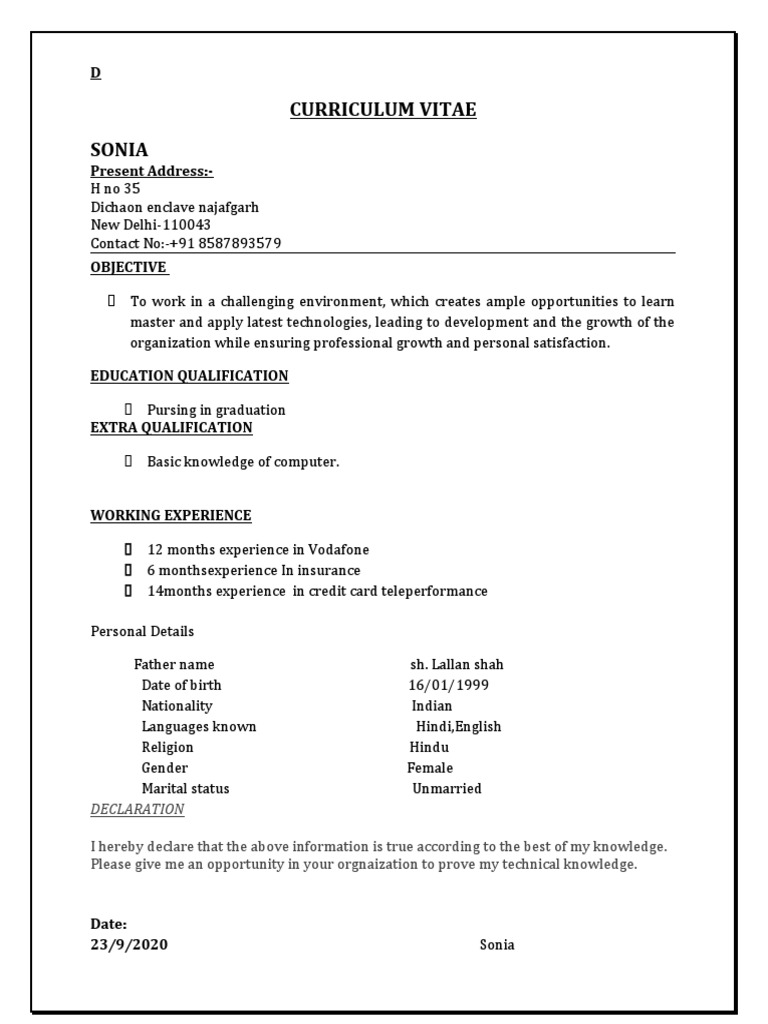 Curriculum Vitae Sonia: Declaration | PDF