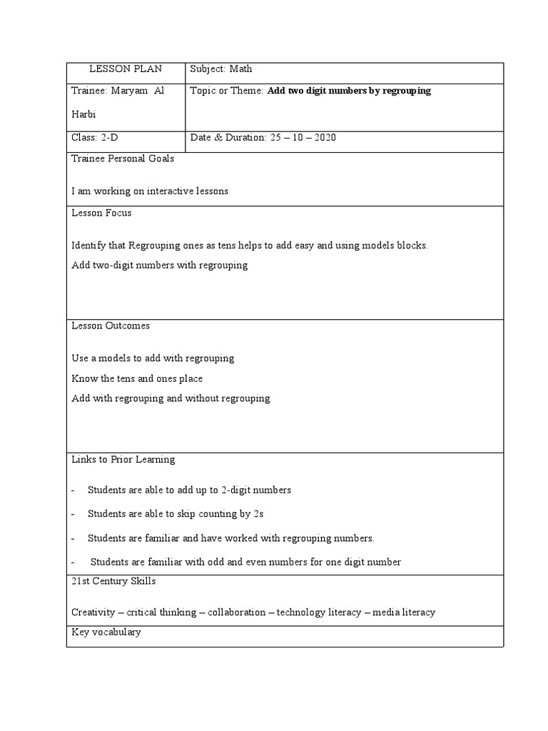 Add Two Digit Numbers By Regrouping Lss Plan PDF Teachers Lesson Plan