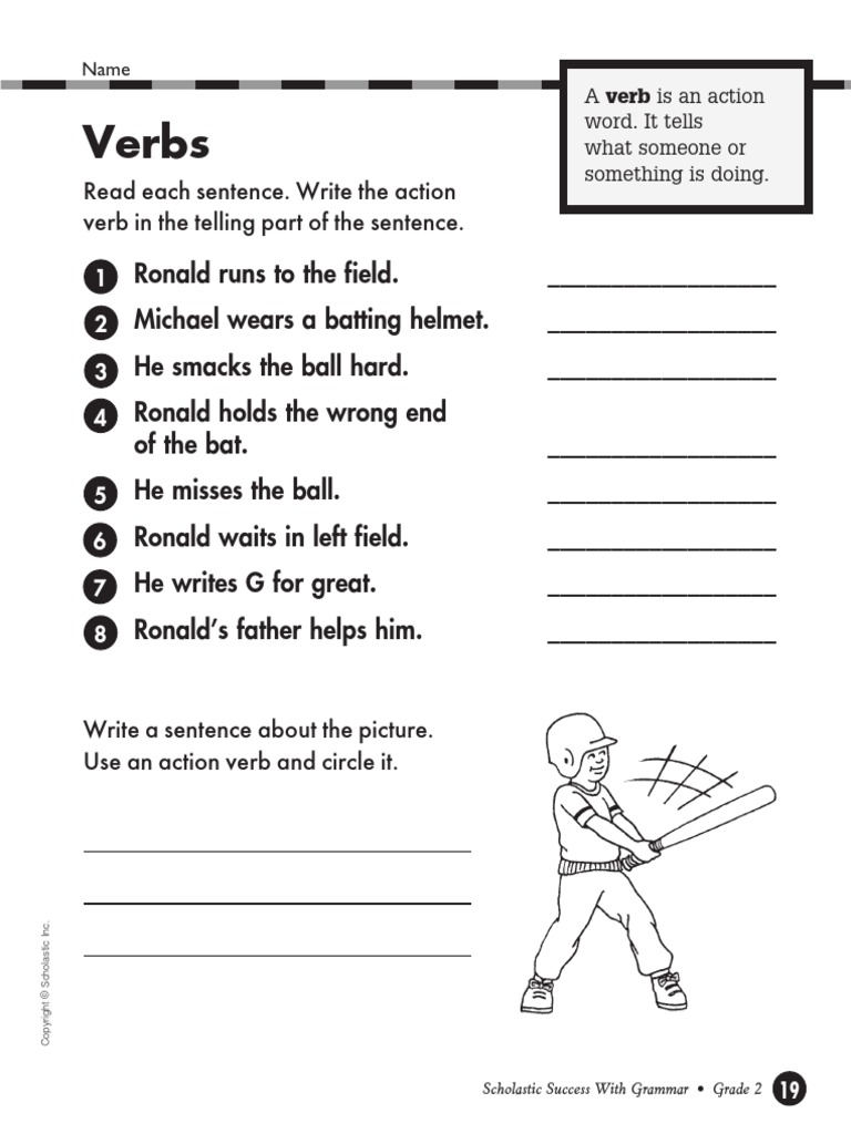 Verbs: Read Each Sentence. Write The Action Verb in The Telling Part of ...