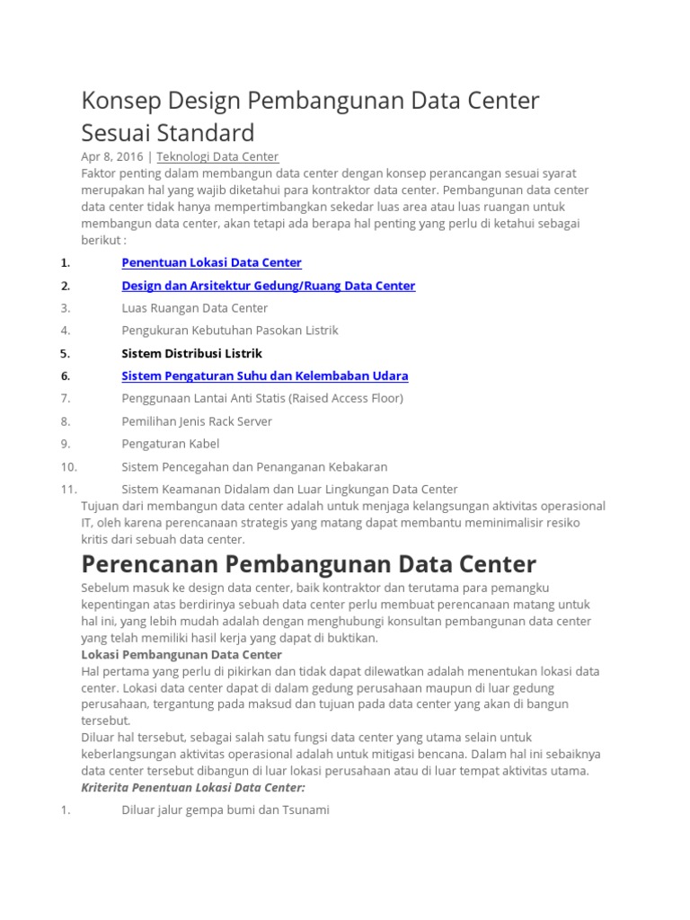 Konsep Design Pembangunan Data Center Sesuai Standard | PDF