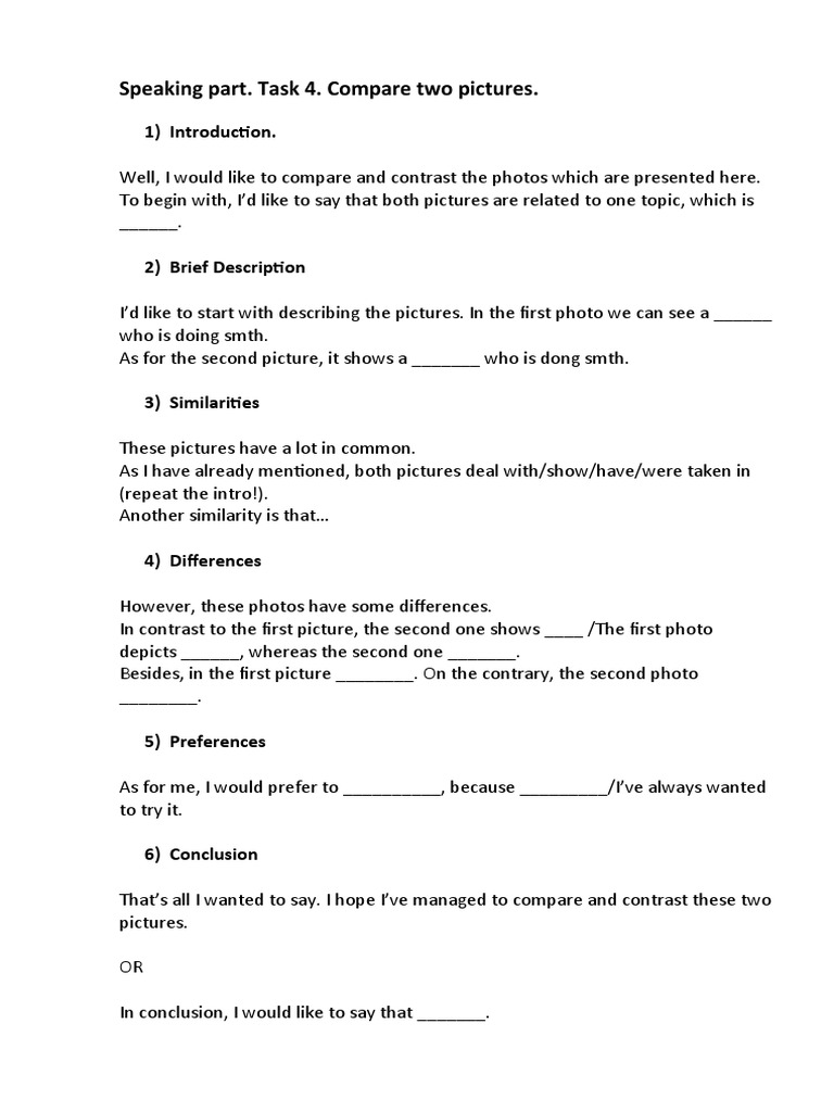 Speaking Part. Task 4. Compare Two Pictures.: 1) Introduction | PDF